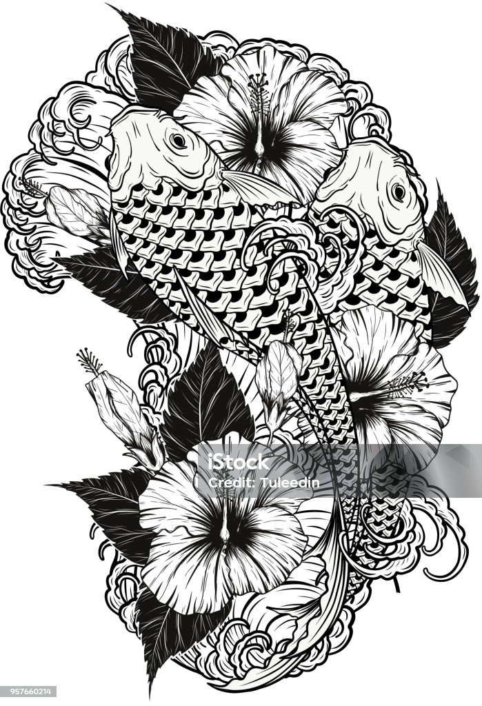 Ikan Mas Dan Tato Krisan Dengan Gambar Tangan Ilustrasi Stok Unduh