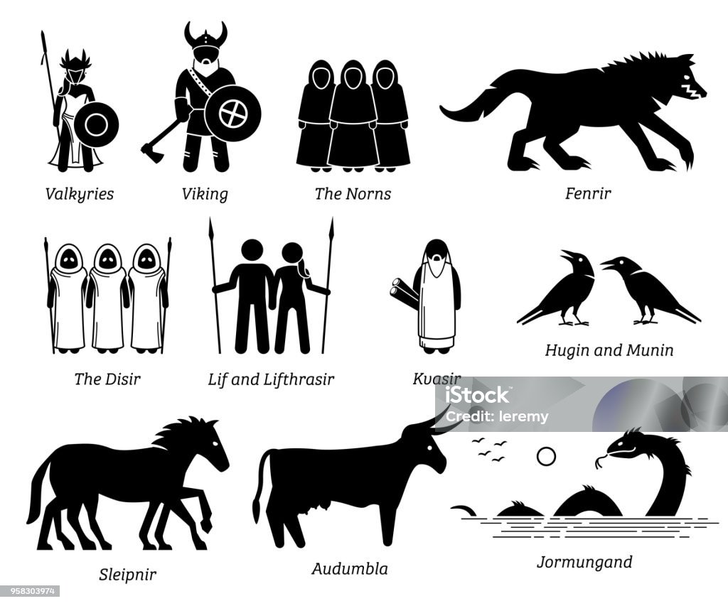 Set Ikon Karakter Mitologi Norse Kuno Monster Dan Makhluk Ilustrasi