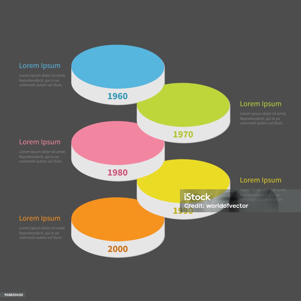 5 단계 일정 수직 텍스트와 화려한 무대 연단 세그먼트 Infographic 라운드 템플릿입니다 평면 디자인입니다 검은 배경 5