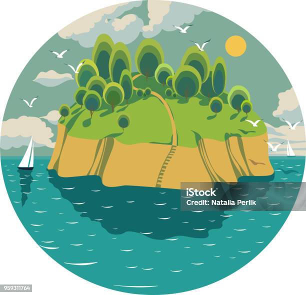 Une Île Verte Au Milieu De Locéan Avec Les Yachts Les Goélands Et Les