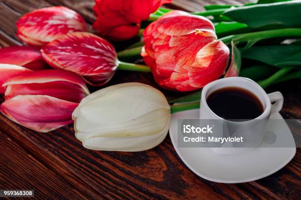 Esspresso 커피와 신선한 튤립 나무 배경에 컵 안녕하세요 아침 깜짝 깨끗한에 대한 스톡 사진 및 기타 이미지 깨끗한