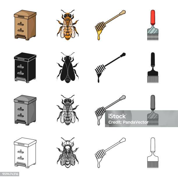 Ilustración de Colmenas En Un Apiario Un Cucharón De Miel Un Insecto De ... Ilustración de Colmenas En Un Apiario Un Cucharón De Miel Un Insecto De ...