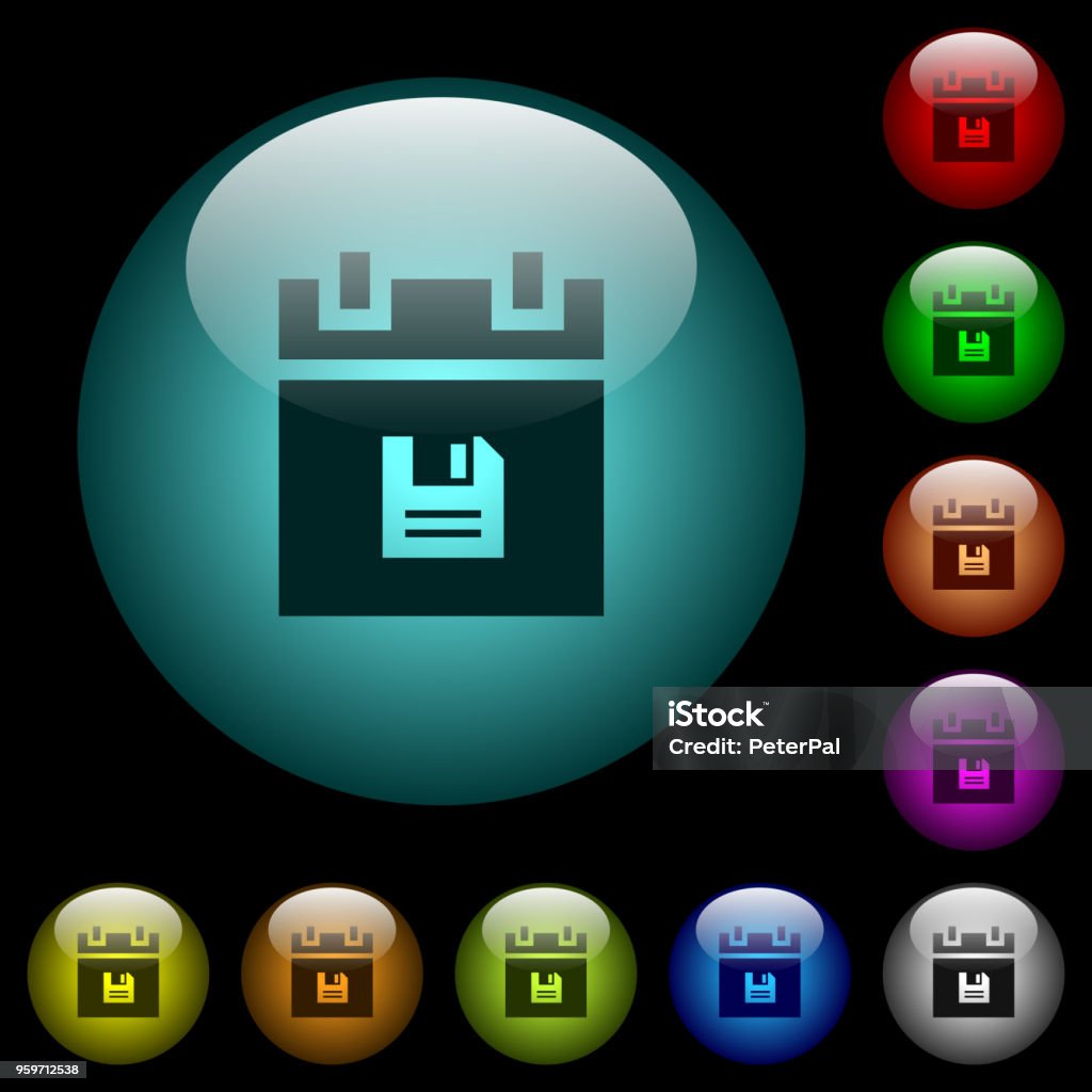 Save Schedule Data Icons In Color Illuminated Glass Buttons Stock