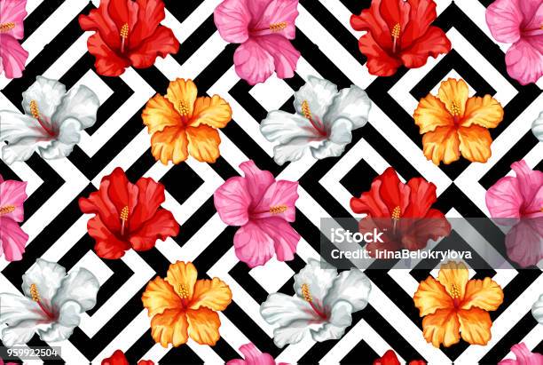 Vector Tropical Leaves Hibiscus Seamless Pattern Stock Illustration