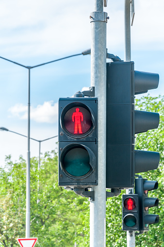 Sinyal Lampu Lalu Lintas Merah Untuk Pejalan Kaki Di Penyeberangan Di