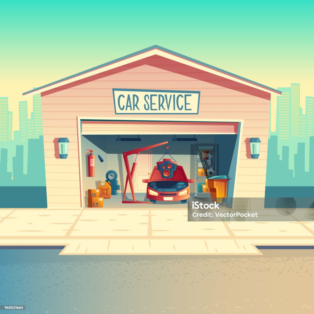 Bengkel Mekanik Kartun Vektor Dengan Mobil Garasi Ilustrasi Stok