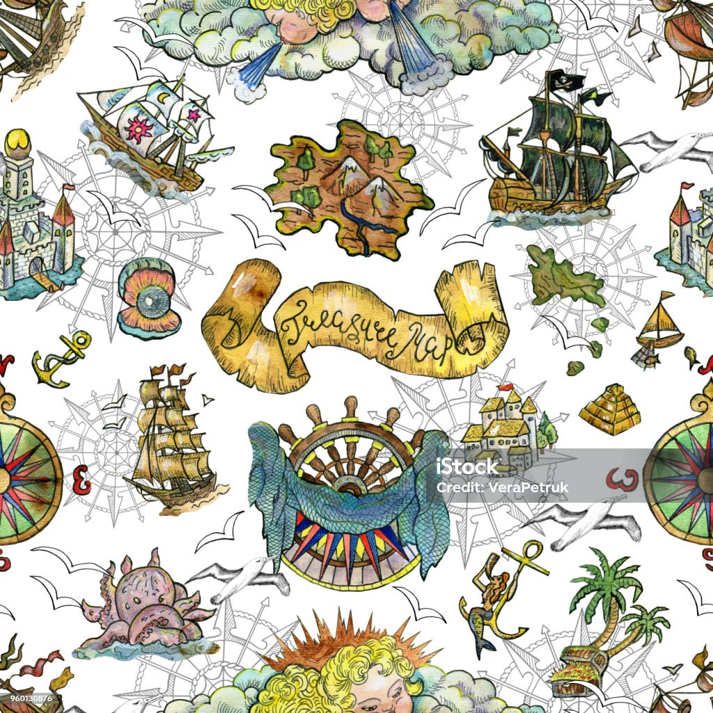 Modèle Sans Couture Avec Symboles Nautiques Bateaux Boussoles Sirènes ... Modèle Sans Couture Avec Symboles Nautiques Bateaux Boussoles Sirènes ...