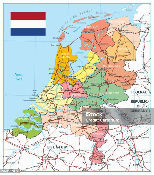 Bestuurlijke Indeling Van Nederland Kaart En Wegen Stockvectorkunst En