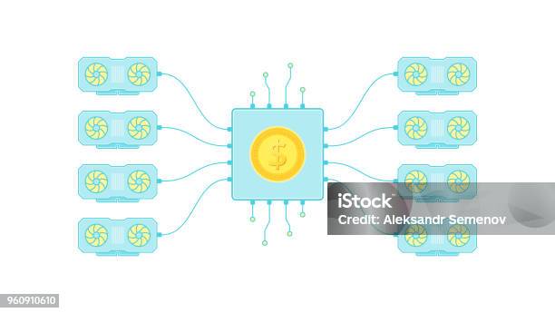 Gpu는 플랫 스타일에 마이닝 농장입니다 비디오 카드에 장비 Formining 암호화 통화의 개념 벡터 일러스트 레이 션 0명에
