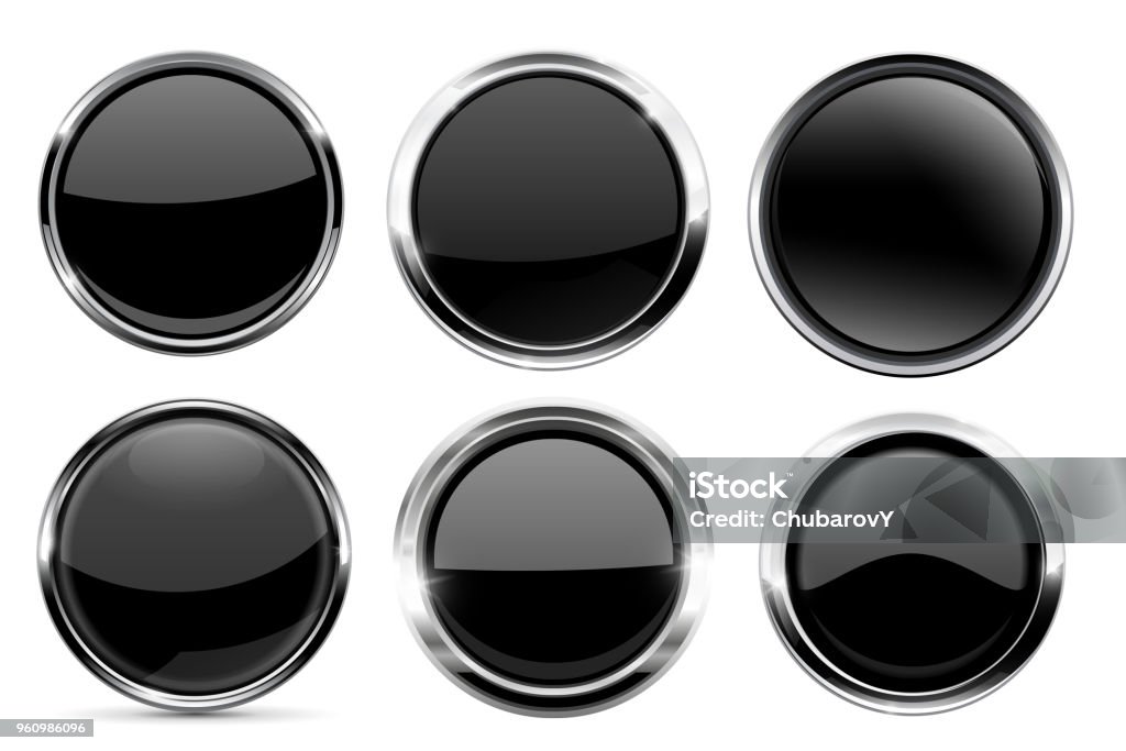 Glass Black Buttons Collection Round 3d Icons With Metal Frame Stock