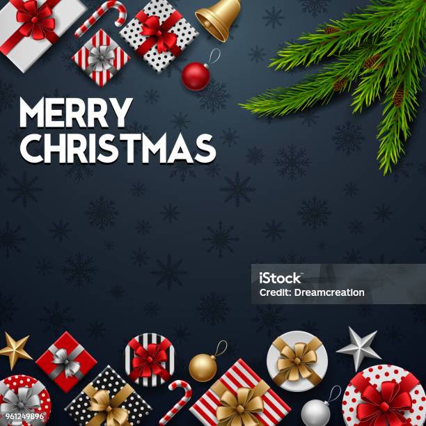 Latar Belakang Biru Natal Dengan Kotak Hadiah Dan Cabang Cemara