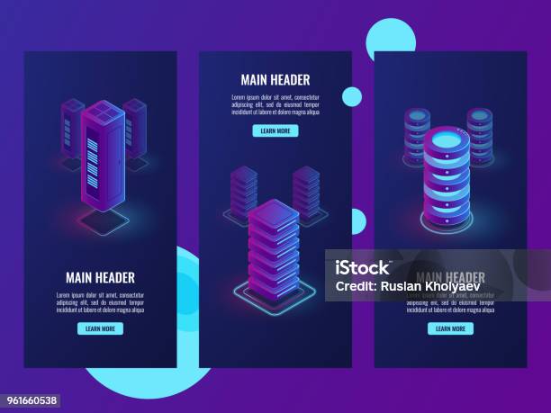 Set Spanduk Vektor Isometrik Rak Ruang Server Area Jaringan Pusat Data