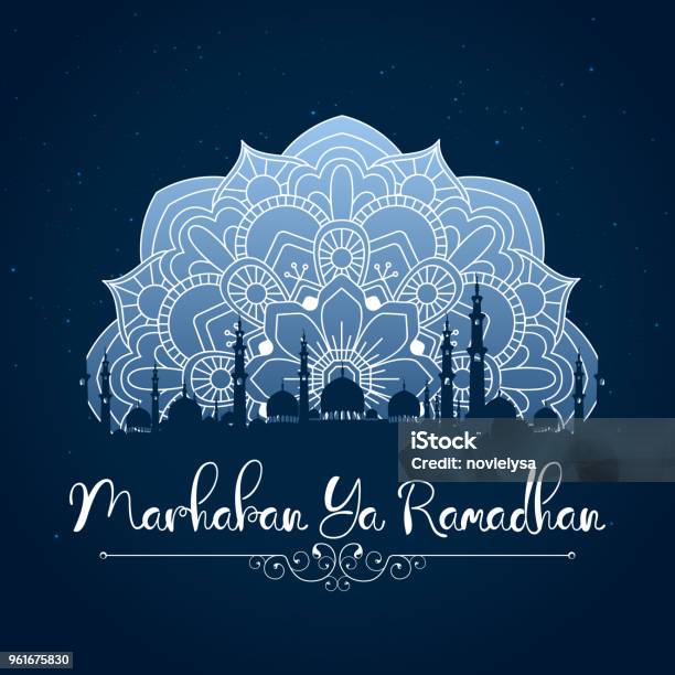 Marhaban 나중에 Ramadhan 라마단 카림 인사 모스크와 밤 하늘 배경에 꽃 패턴 0명에 대한 스톡 벡터 아트 및 기타