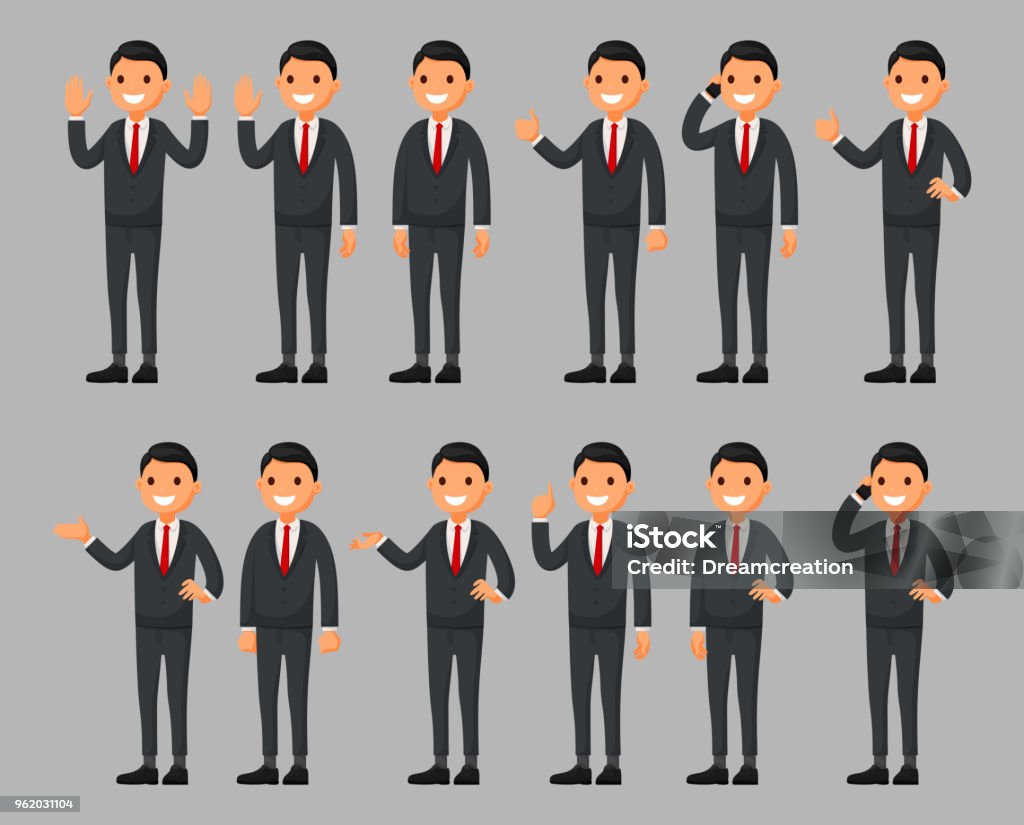 Set Karakter Kartun Pengusaha Dalam Pose Yang Berbeda Ilustrasi Vektor