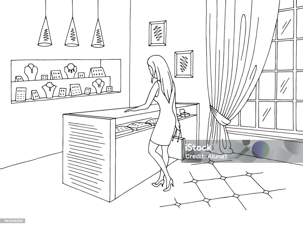 Toko Perhiasan Grafis Hitam Putih Interior Sketsa Ilustrasi Vektor