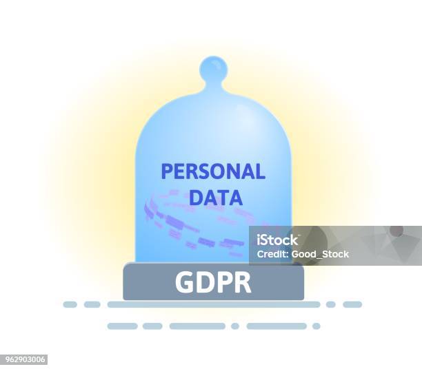 Gdpr 및 개인 데이터 보안입니다 개인 데이터 및 텍스트 메시지와 유리 돔입니다 평면 벡터 일러스트입니다 흰색 배경에 고립 돔