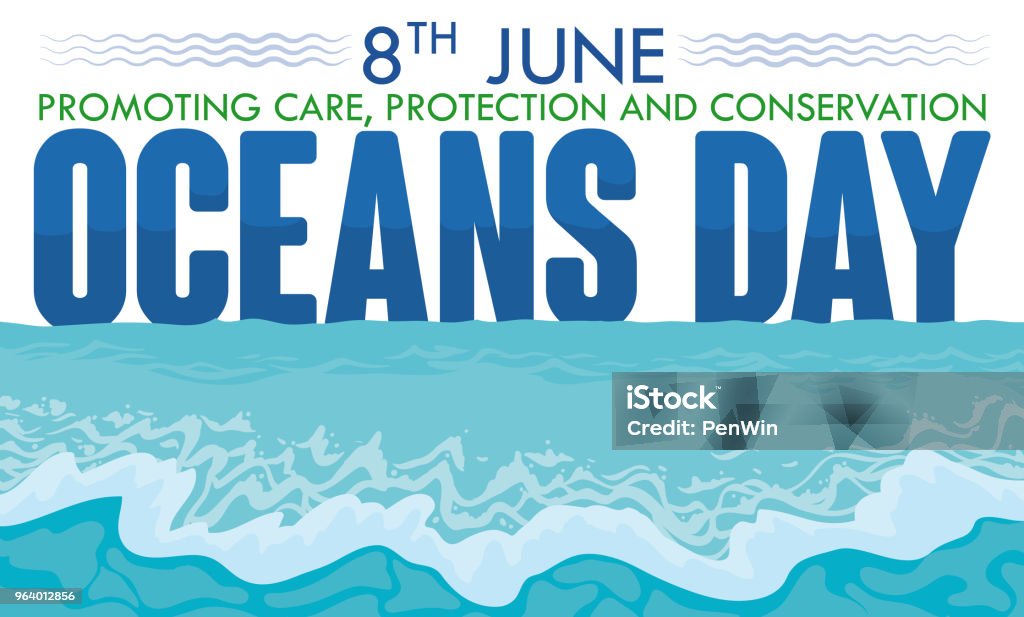 Sea View With Waves And Greeting For Oceans Day Celebration Stock