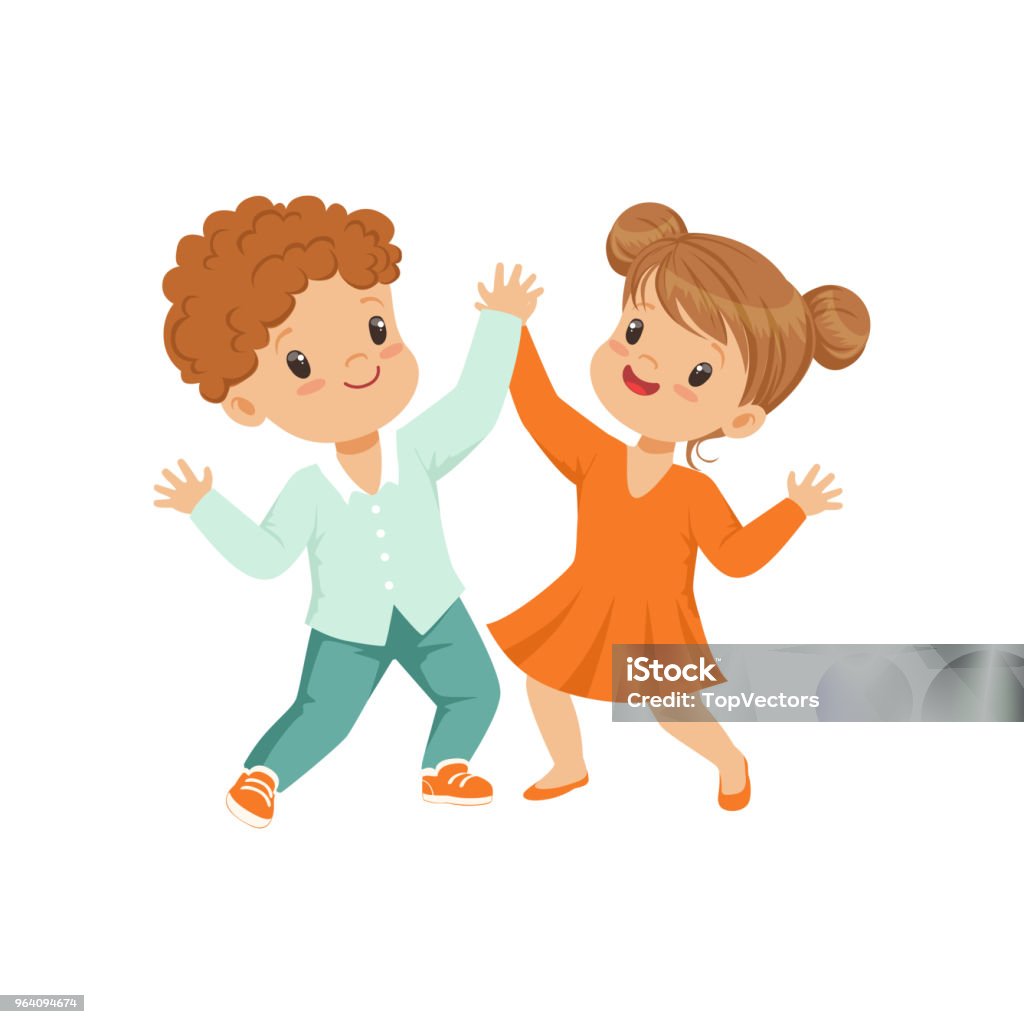 Vetores De Lindo Menino E Menina Dançando De Mãos Dadas Vector