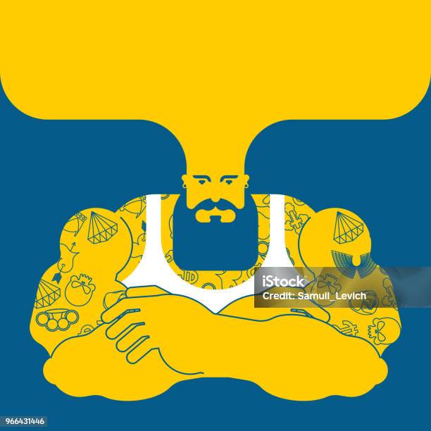 Hipster 고 수염과 문신의 생각입니다 세련 된 세련 된 강한 남자입니다 잔인 한 사람입니다 벡터 일러스트 레이 션 근육질