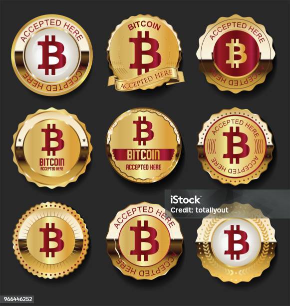 Bitcoin 허용 여기 골든 레이블 벡터 일러스트 레이 션 배경 주제에 대한 스톡 벡터 아트 및 기타 이미지 배경 주제