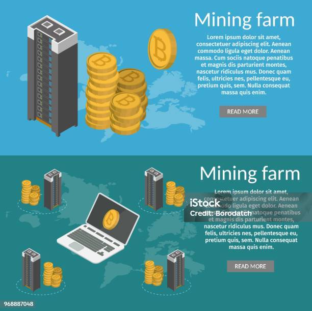 Bitcoin 마이닝 농장 아이소메트릭 개념 3d 배너 3차원 형태에 대한 스톡 벡터 아트 및 기타 이미지 3차원 형태