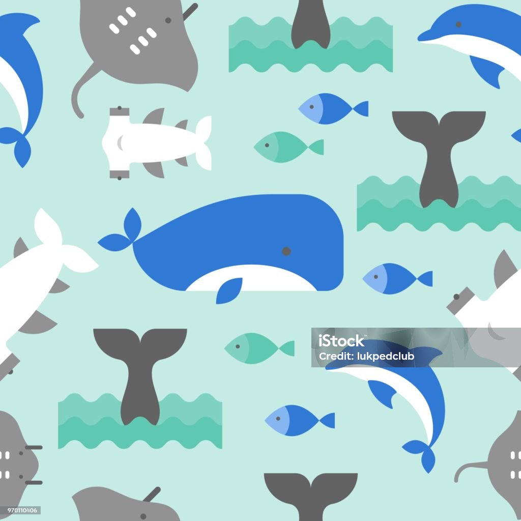 Desain Datar Paus Hiu Martil Ikan Lumbalumba Dan Tali Tema Musim Panas Laut Pola Mulus Ilustrasi