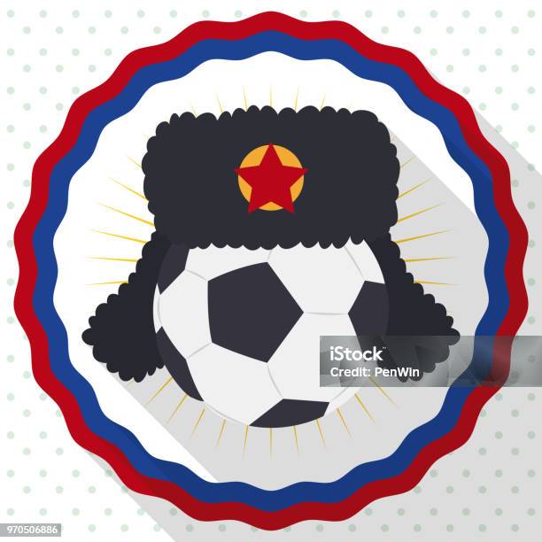 Tombol Bulat Dengan Topi Ushanka Tradisional Rusia Dan Bola Sepak Bola ... Tombol Bulat Dengan Topi Ushanka Tradisional Rusia Dan Bola Sepak Bola ...