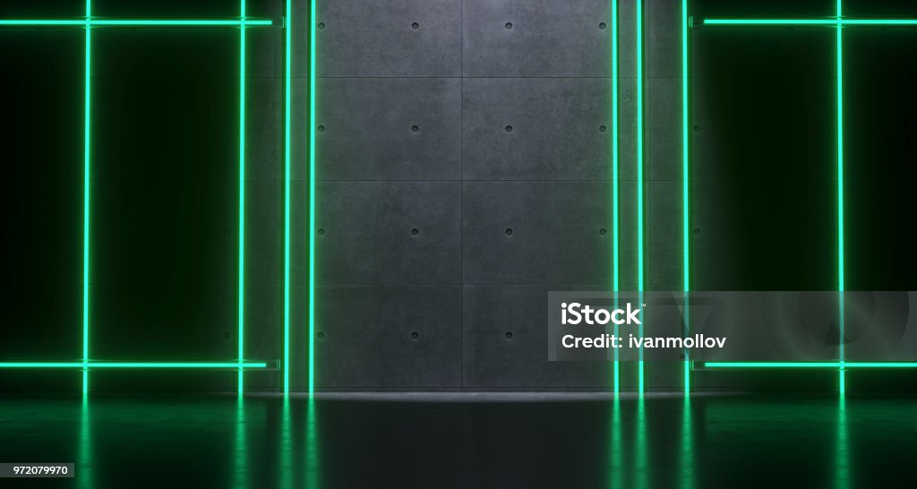 Ruang Scifi Futuristik Dengan Lampu Neon Hijau Dan Dinding Beton Dengan
