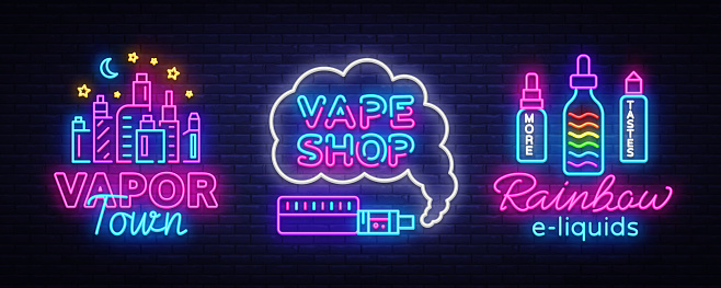 Vape가 게 네온 사인 컬렉션 벡터입니다 Vaping 스토어 로고 엠 블 럼 네온 그것 Vape 상점 개념 증기 타운 레인