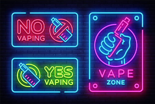 Vaping 네온 컬렉션 벡터 템플릿 라이트 배너 밝은 밤 그림 기호 장소 Vape Vaping Vaping 금지 전자 담배