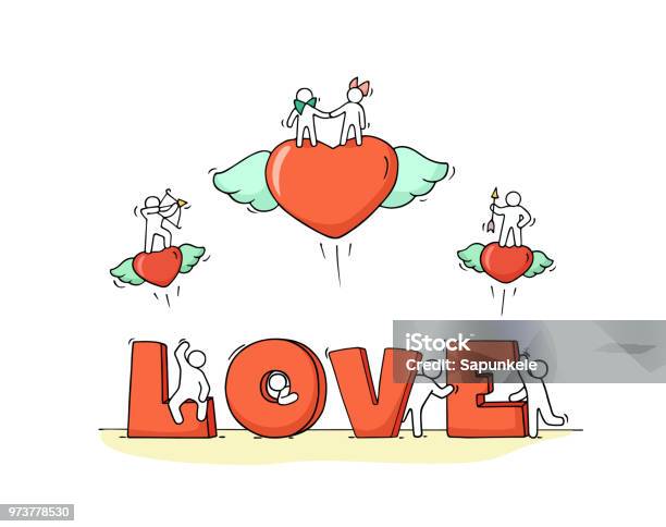 Sketsa Orangorang Kecil Yang Bekerja Dengan Kata Besar Cinta Ilustrasi Stok Unduh Gambar