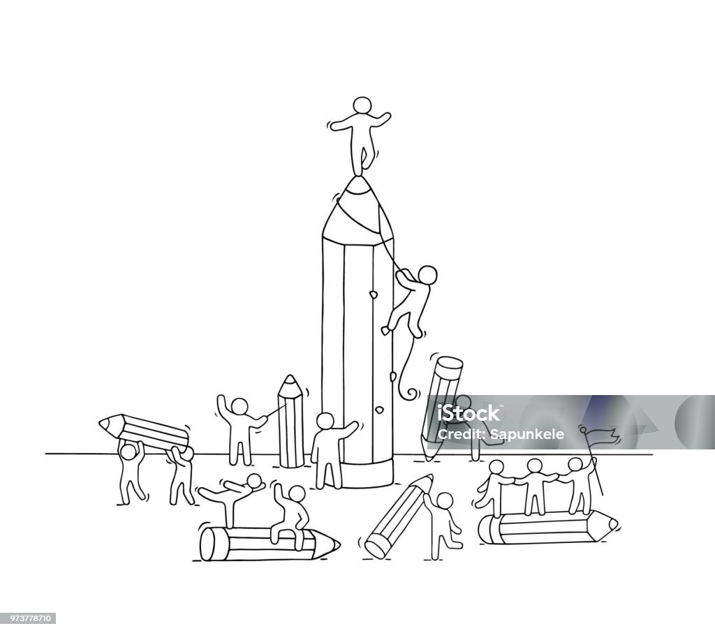 Sketsa Orangorang Kecil Yang Bekerja Dengan Banyak Pensil Ilustrasi Stok Unduh Gambar Sekarang