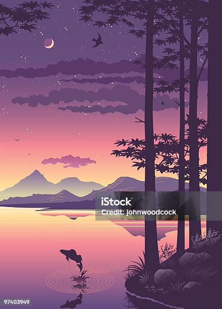 고요한 호수 해질녘까지 호수에 대한 스톡 벡터 아트 및 기타 이미지 호수 물고기 산 Istock