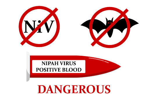 Nipah 바이러스 또는 이니라와 위험한 기호 벡터 일러스트 레이 션 흰색 배경에 고립 된 긍정적인 혈액 샘플 개념에 대한 스톡