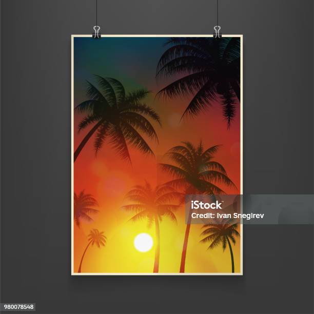 Ilustrasi Vektor Stok Malam Billboard Musim Panas Pohon Palem Pohon