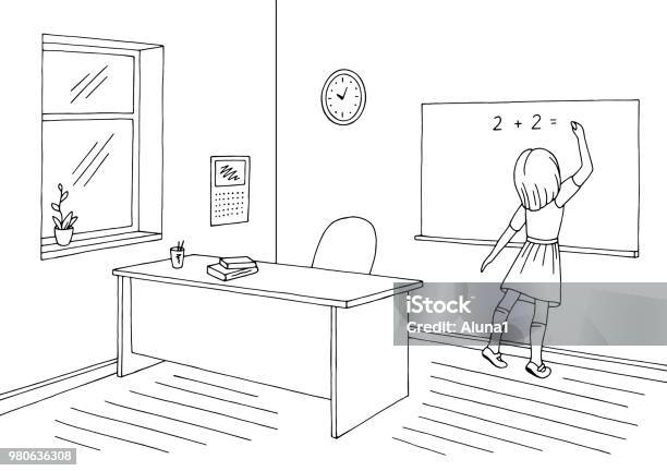 Vektor Ilustrasi Sketsa Interior Sekolah Putih Grafis Kelas Hitam Gadis