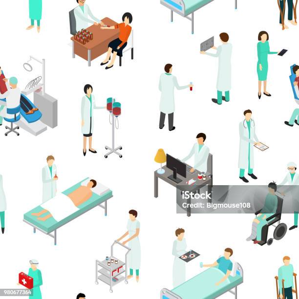 Nurses Attending Patients Seamless Pattern Background Isometric View