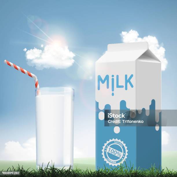 Segelas Susu Dan Kemasan Kardus Produk Susu Di Padang Rumput Ilustrasi