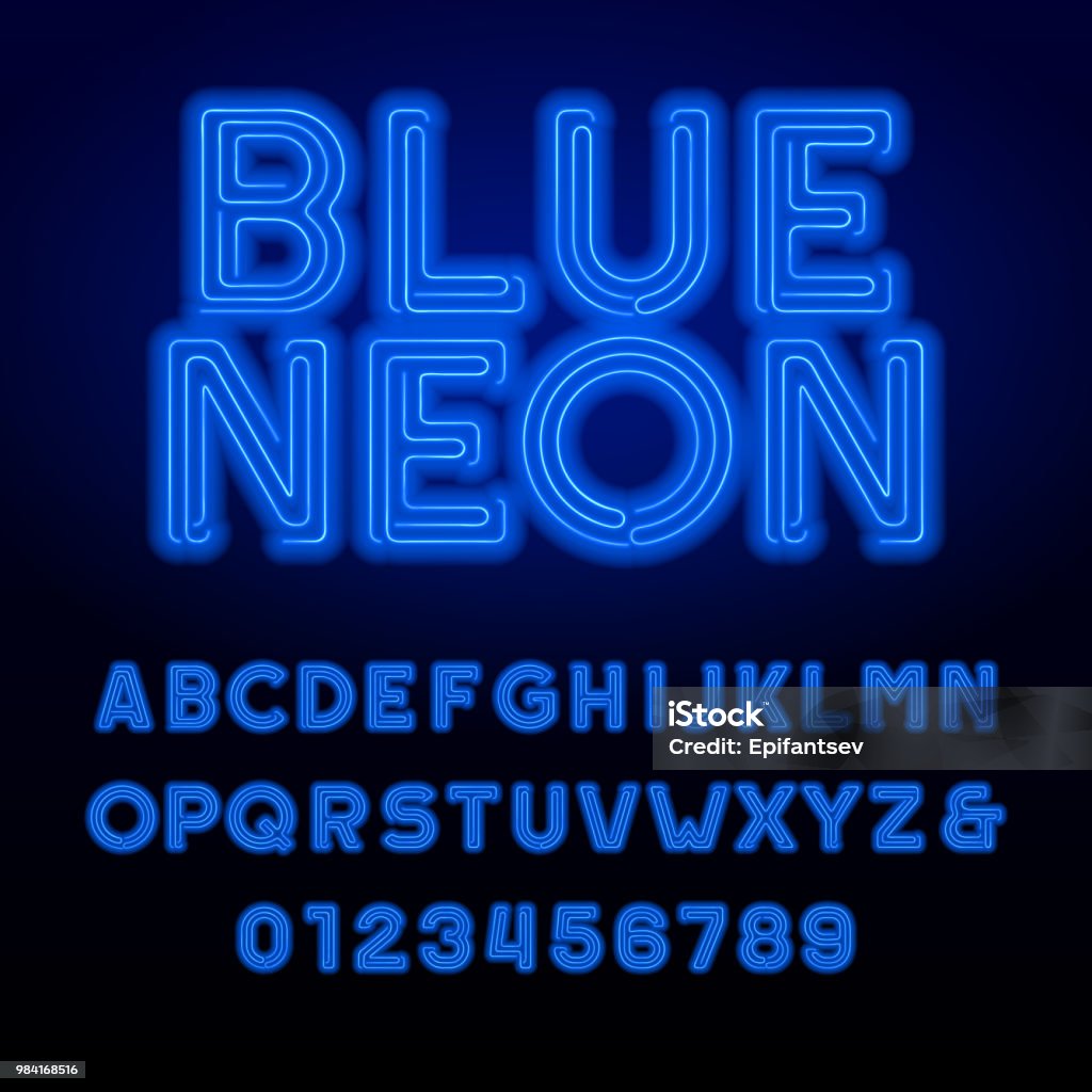 Font Alfabet Tabung Neon Biru Huruf Tebal Warna Neon Dan Angka