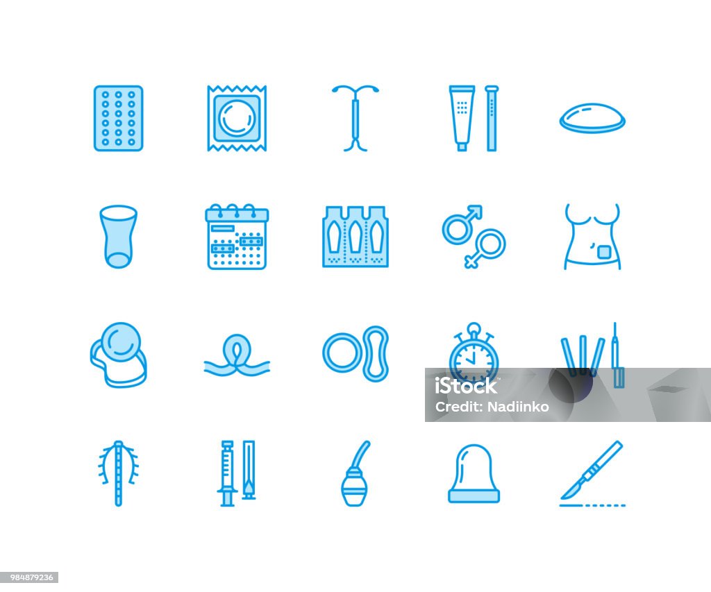 Contraceptive Methods Line Icons Birth Control Equipment Condoms Oral