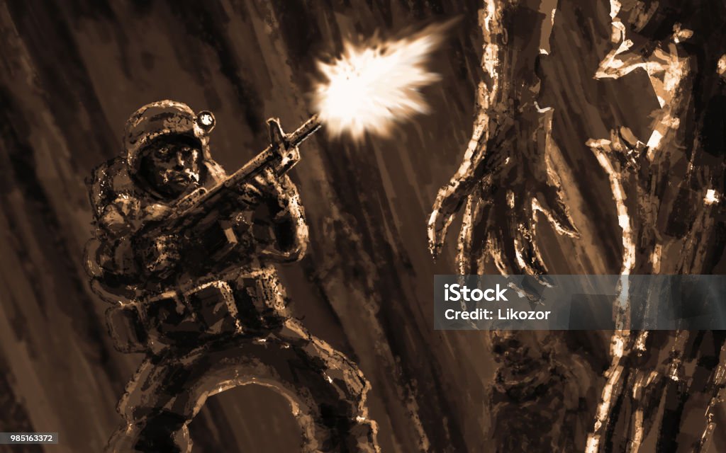 Archaeologist Soldier Attacks The Alien Inside Spaceship Stock ... Archaeologist Soldier Attacks The Alien Inside Spaceship Stock ...