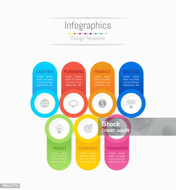 Infographic 7 옵션 부품 단계 일정 또는 프로세스와 비즈니스 데이터에 대 한 디자인 요소입니다 벡터 일러스트입니다 0