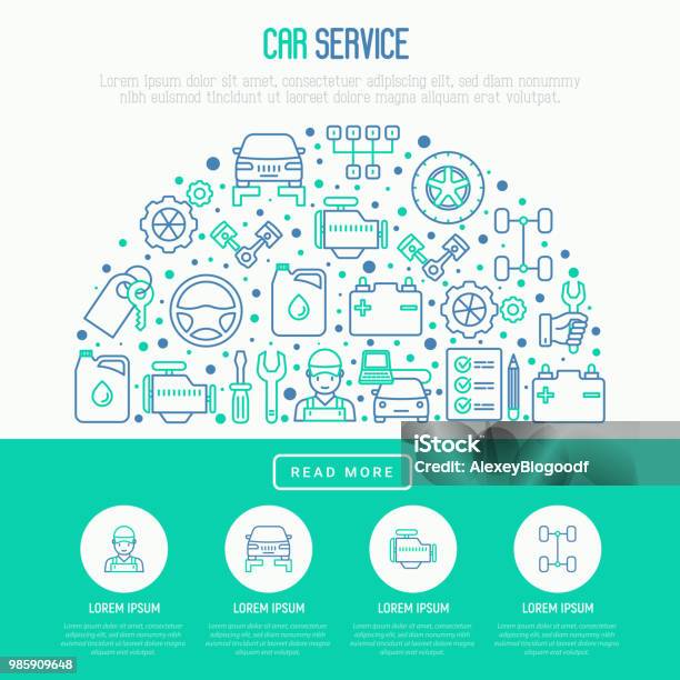 Konsep Servis Mobil Dalam Setengah Lingkaran Dengan Ikon Garis Tipis