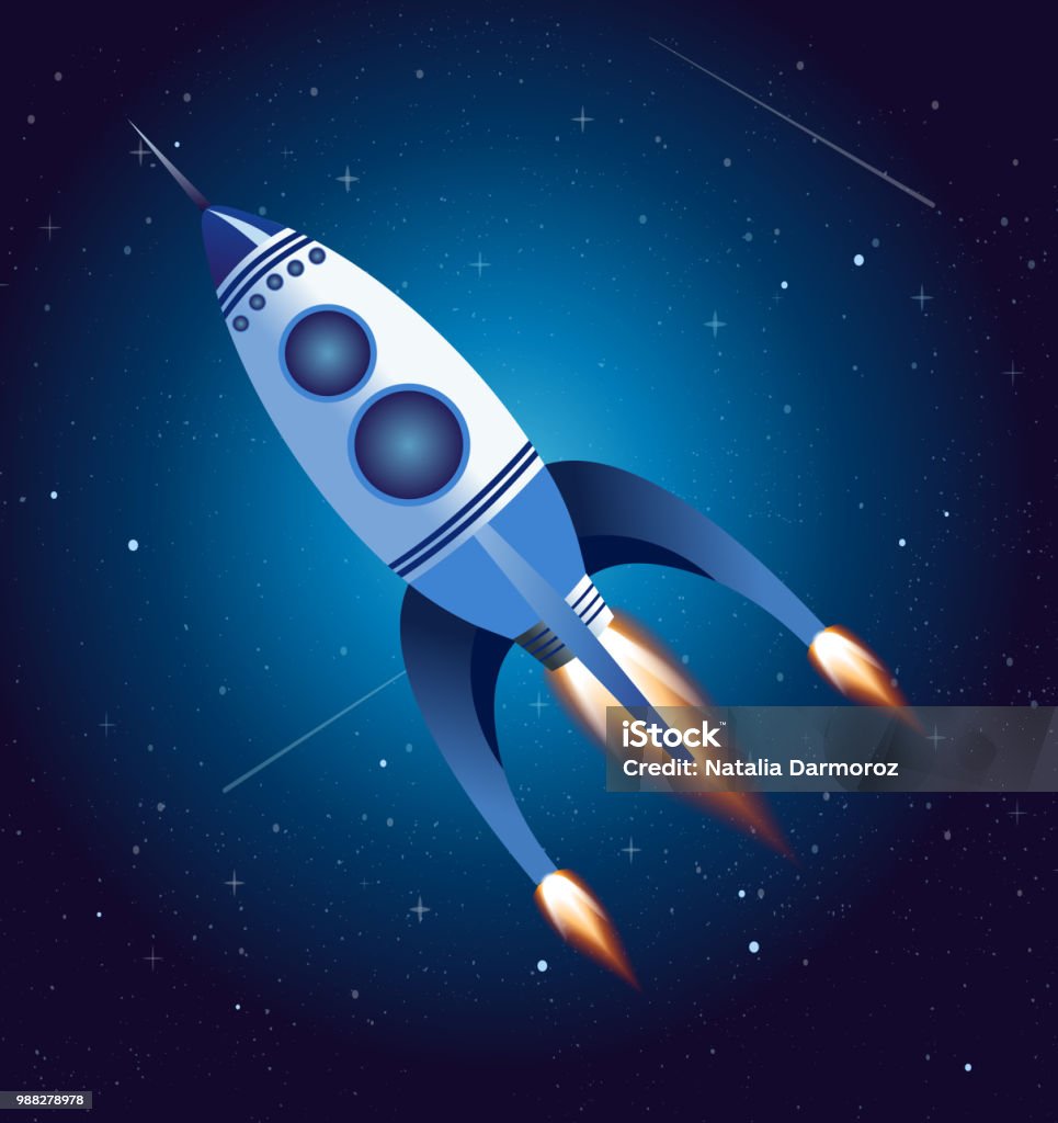 Oin フラット漫画のスタイルは暗い青色の背景に宇宙船の空を飛んでいるロケットのベクター イラストです ひらめきのベクターアート素材や画像