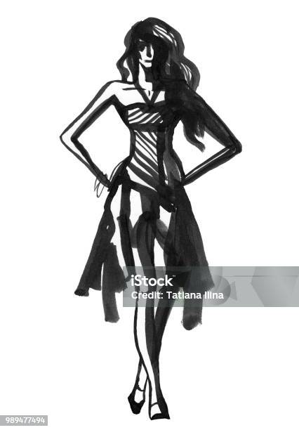 Model Fashion Sketsa Ilustrasi Tinta Yang Digambar Dengan Tangan Ilustrasi Stok Unduh Gambar