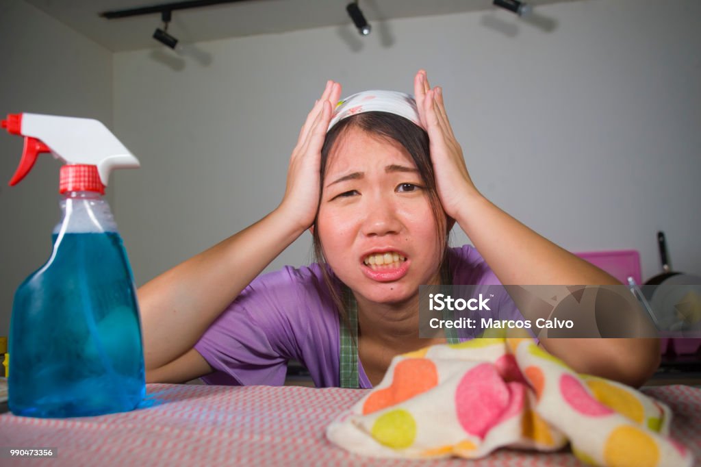 Young Pretty Overworked And Frustrated Asian Chinese Service Maid Woman