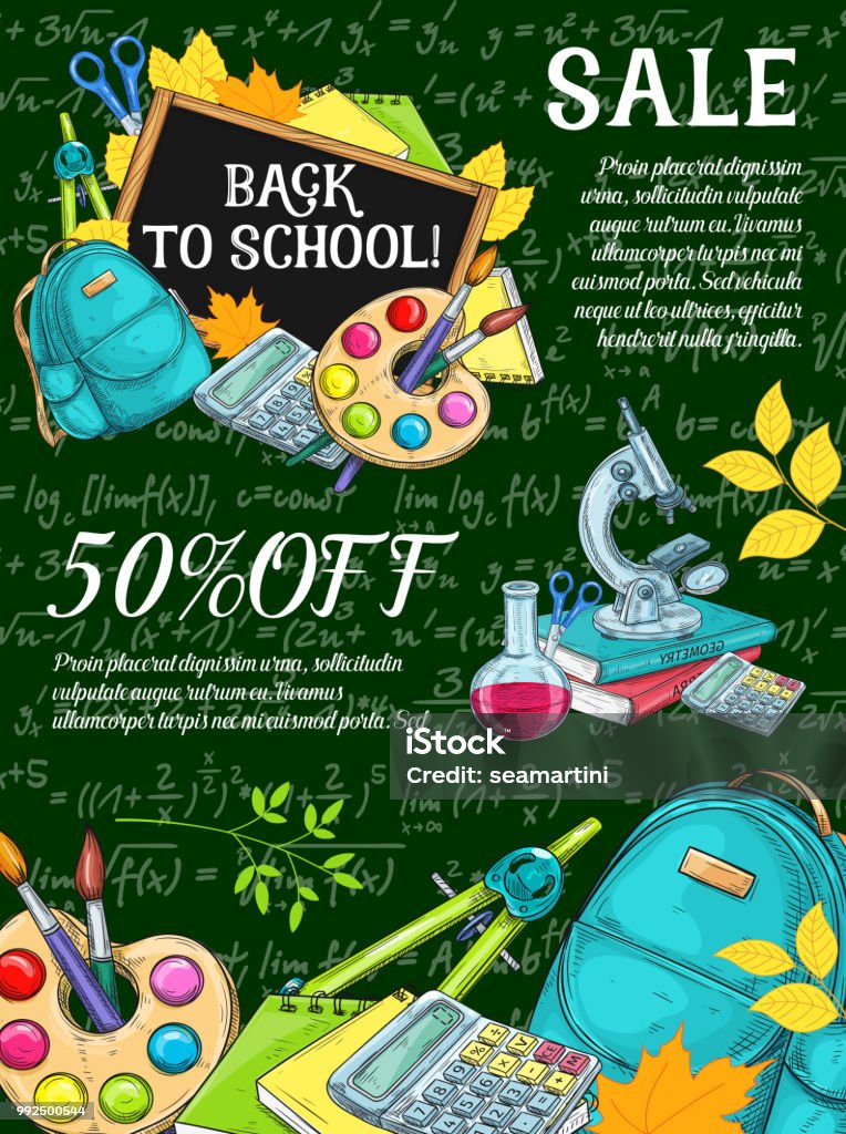 Poster Penjualan Sekolah Dengan Item Siswa Di Papan Tulis Ilustrasi
