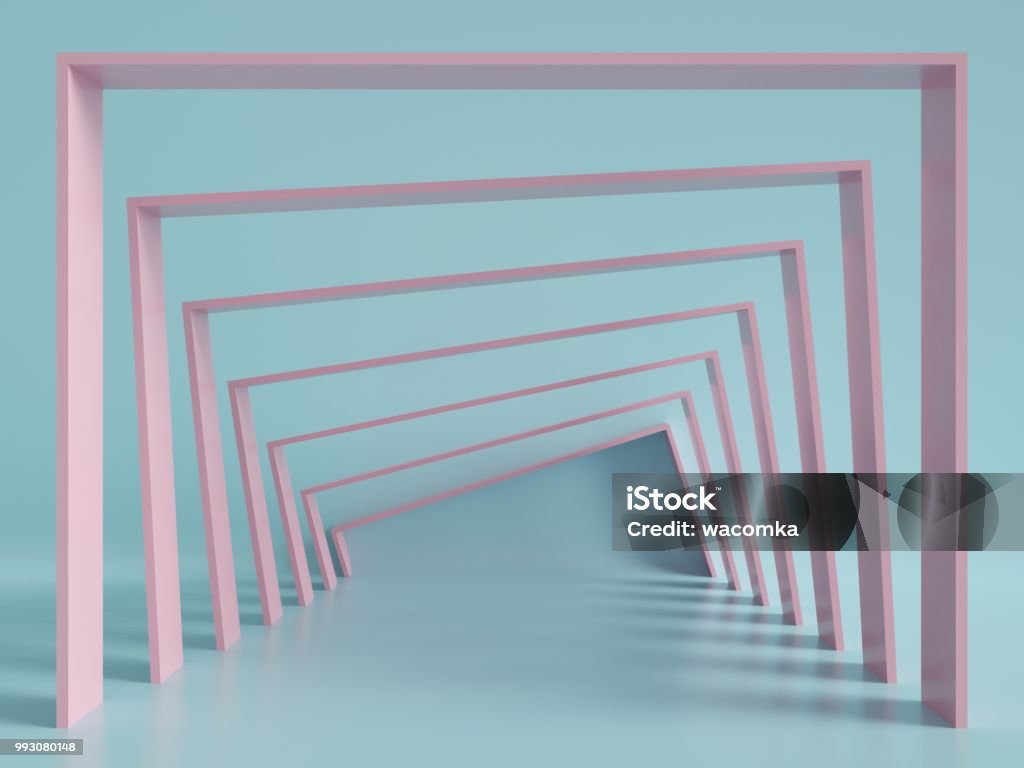 3d 렌더링 최소한의 패션 배경 아치 터널 복도 포털 관점 핑크 민트 파스텔 색상 설치에 대한 스톡 사진 및 기타 이미지