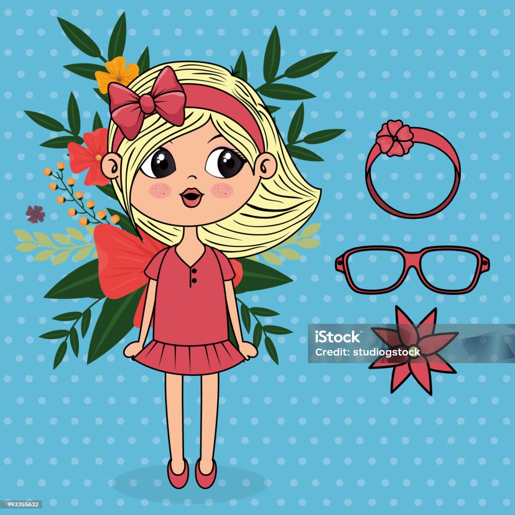 Cute Girl Character With Floral Decoration And Accessories Stock