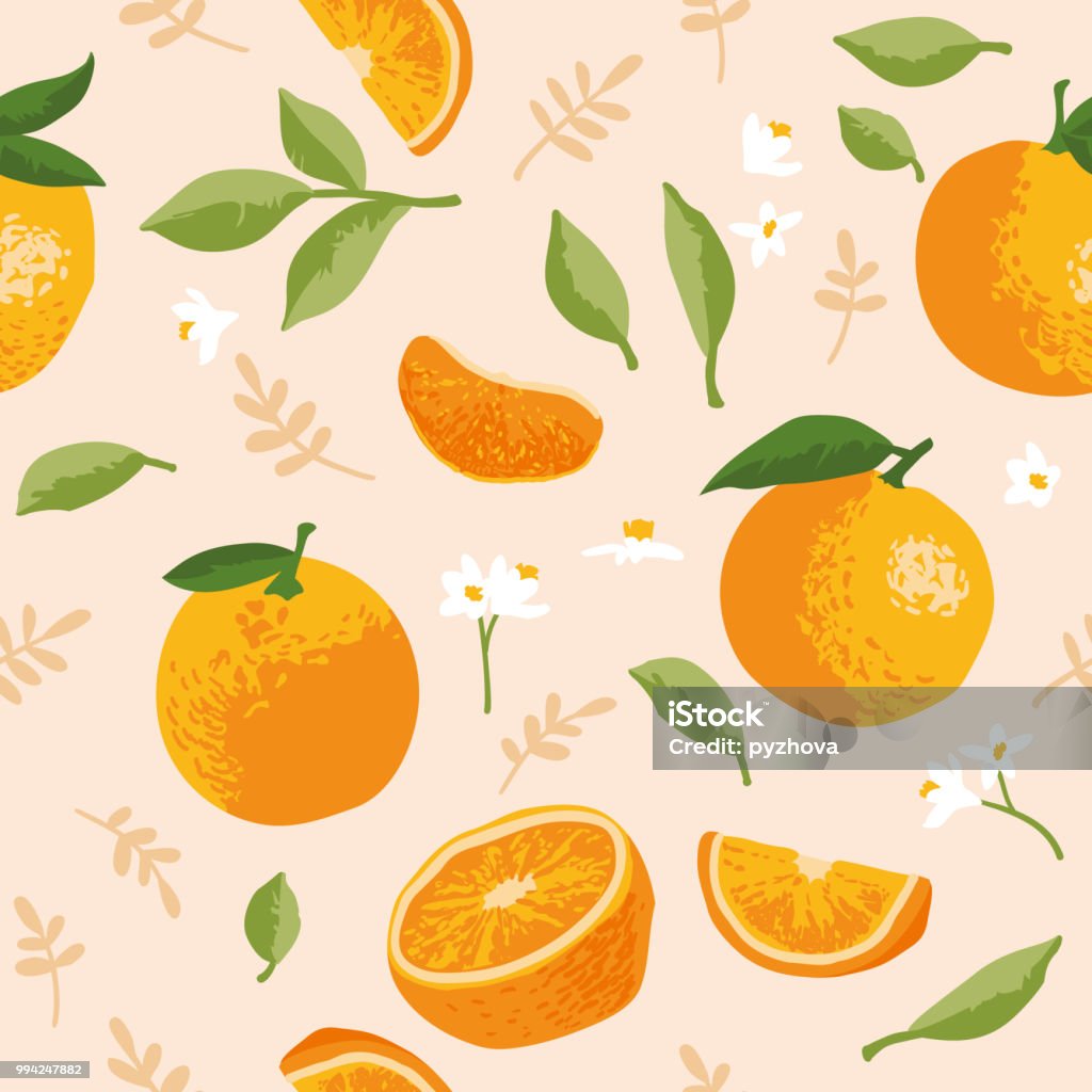 Vector Summer Pattern With Oranges Flowers And Leaves Seamless Texture
